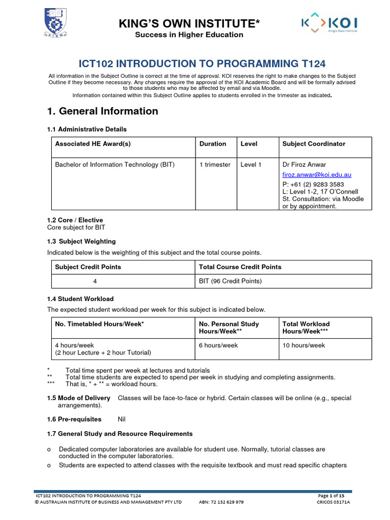Ict102 Introduction To Programming T1 2024 | PDF | Variable (Computer Science) | Computer ...
