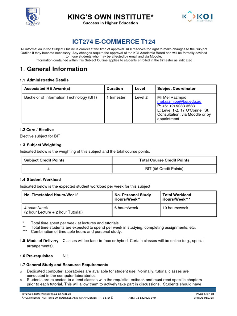 E-Commerce Subject Outline ICT274 T124 | PDF | E Commerce | Internet