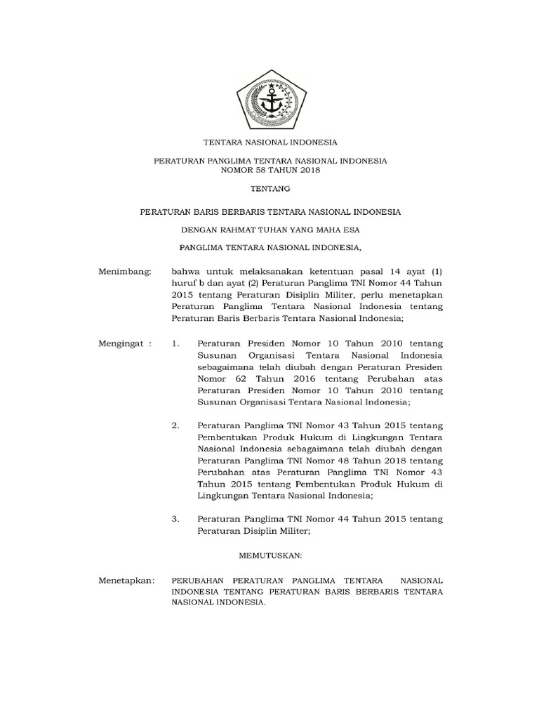 Perpang TNI No.58 Tahun 2018 Tentang Gerakan PBB | PDF
