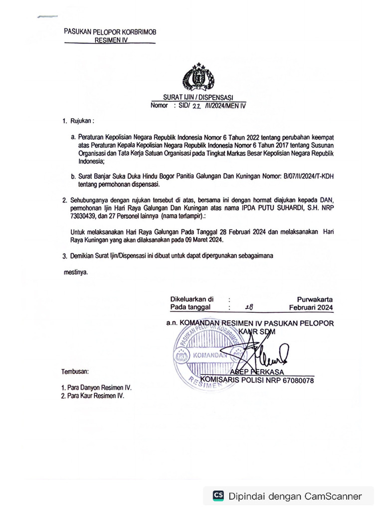 Surat Ijin Hari Raya Galungan Dan Kuning | PDF