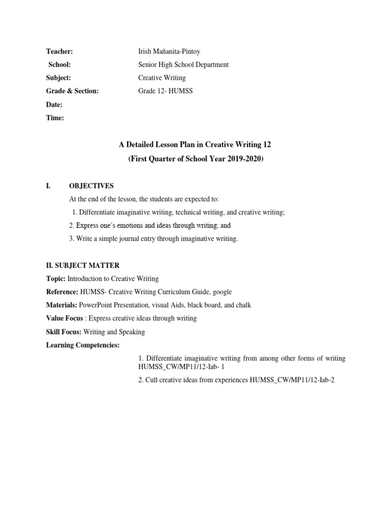 Creative Writing Lesson Plan for Grade 12 | PDF | Thought | Writing