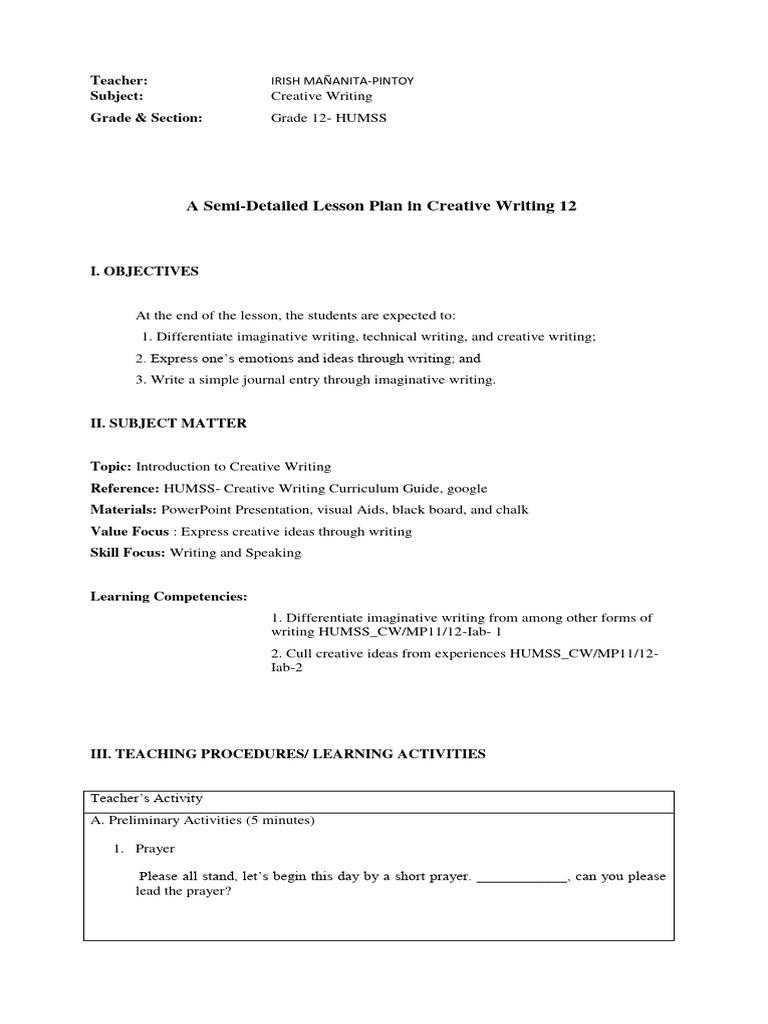 HUMSS Creative Writing | PDF | Teachers | Writing