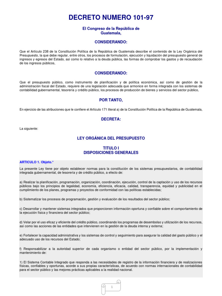 DECRETO DEL CONGRESO 101-97 Ley Organica Del Presupuesto | PDF | Presupuesto | Contabilidad