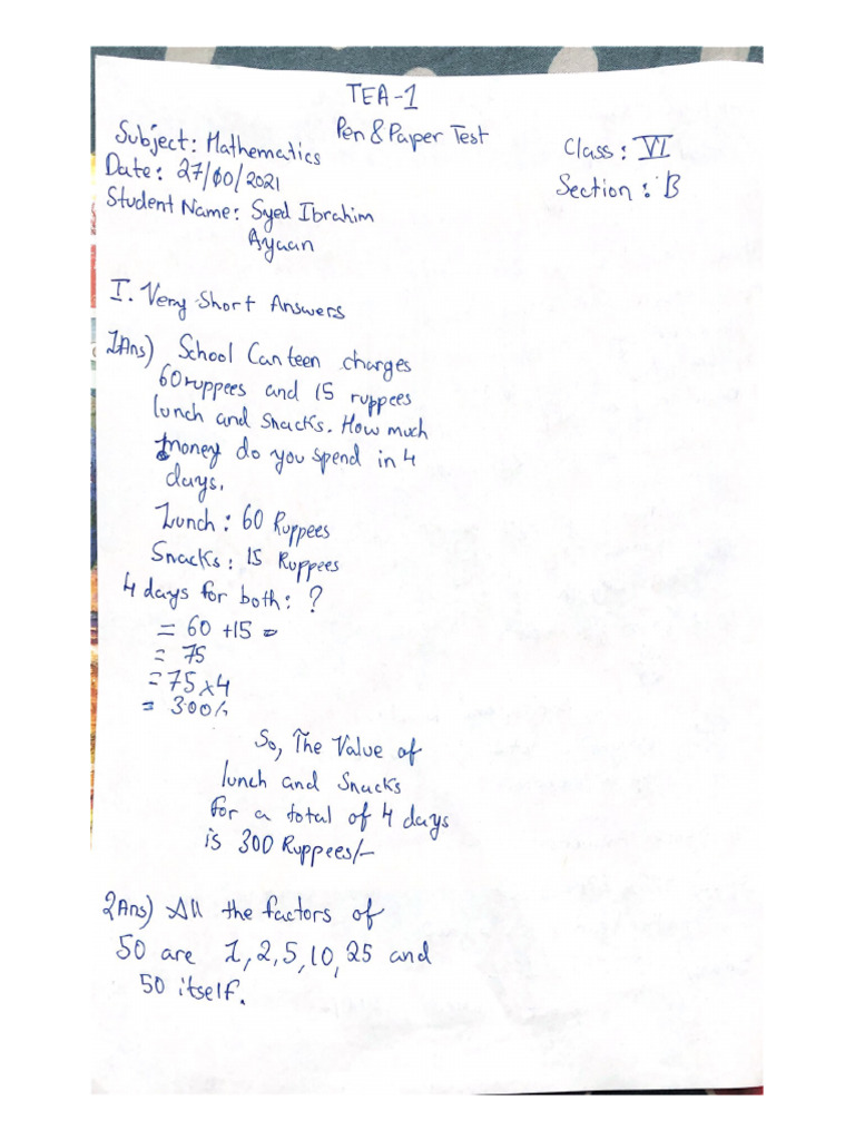 Maths Tea Pen Paper Test | PDF