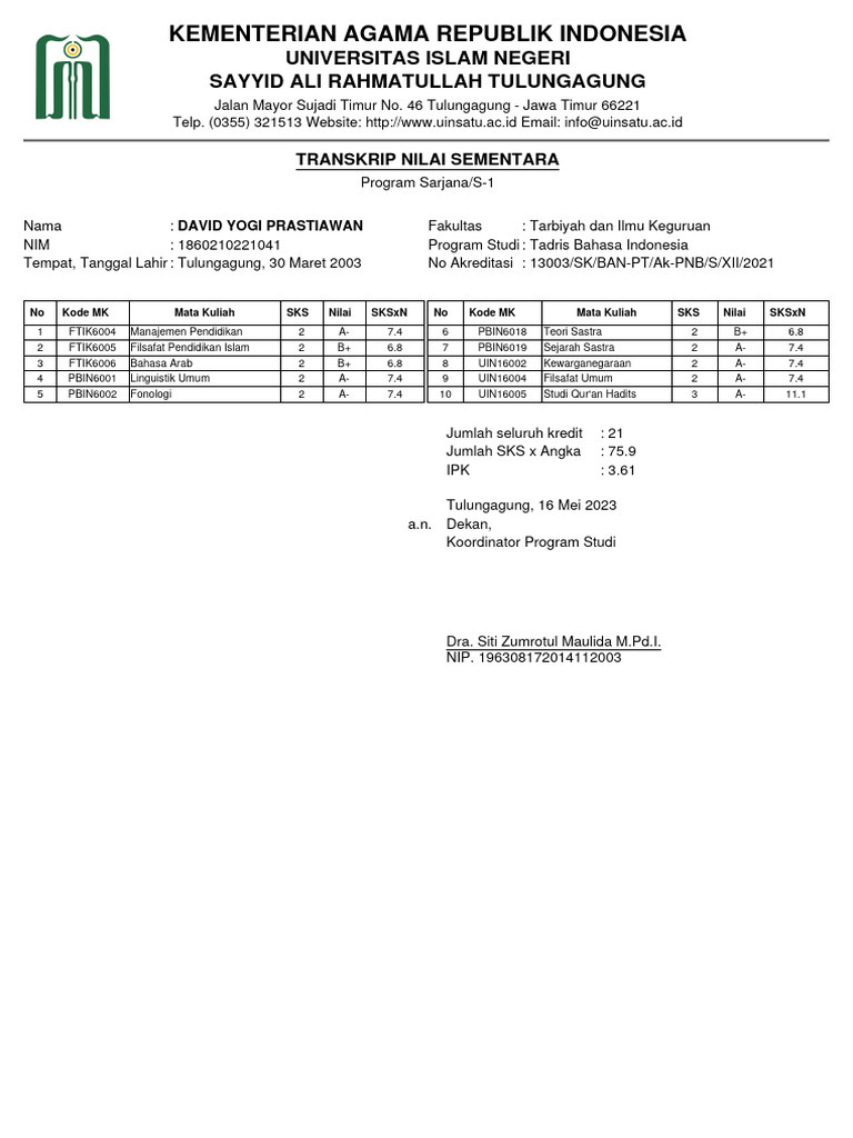 Transkrip Sementara 1860210221041 | PDF