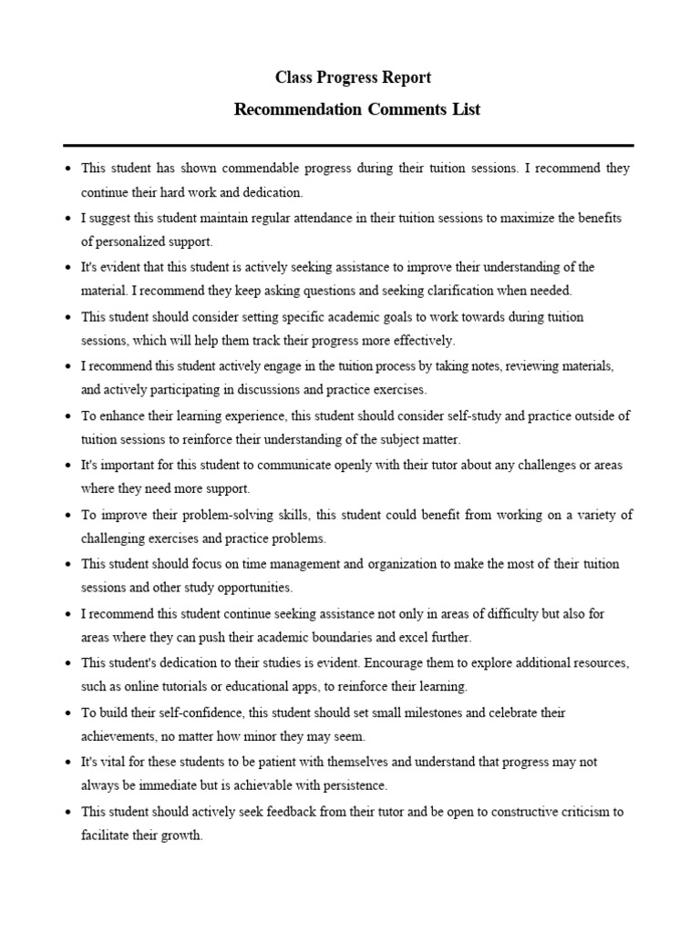 Recommendation Comments List | PDF | Learning | Goal