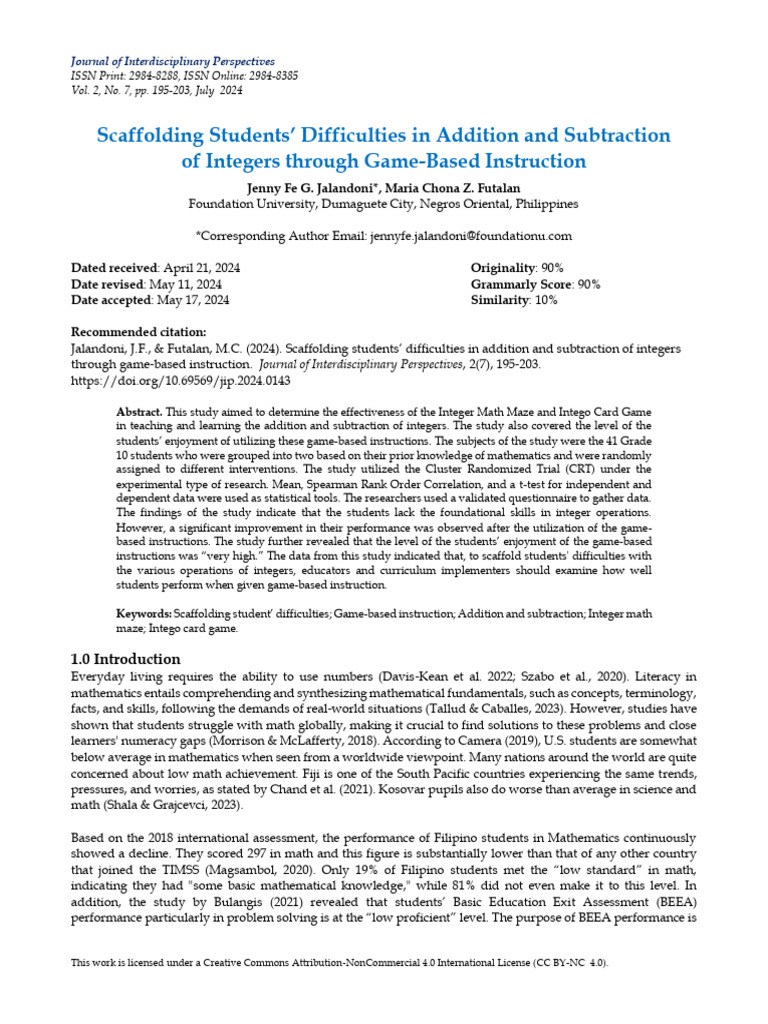 Scaffolding Students' Difficulties in Addition and Subtraction of ...