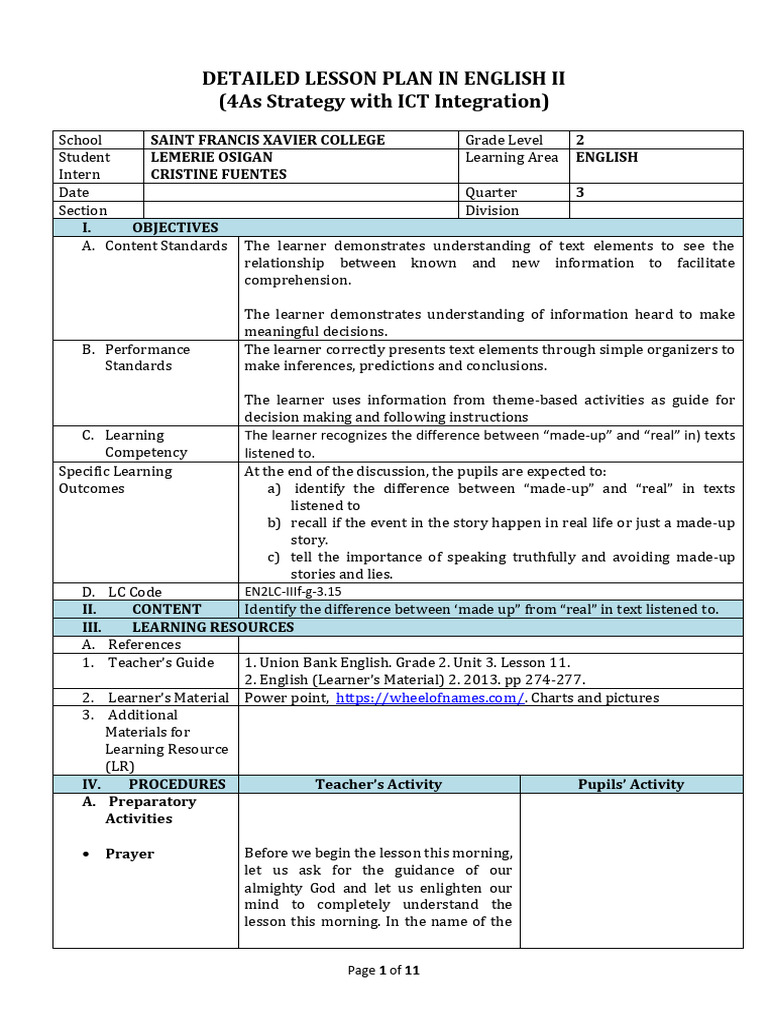Grade 2 English Lesson Plan: Real vs. Made-Up | PDF | Learning | Lesson ...