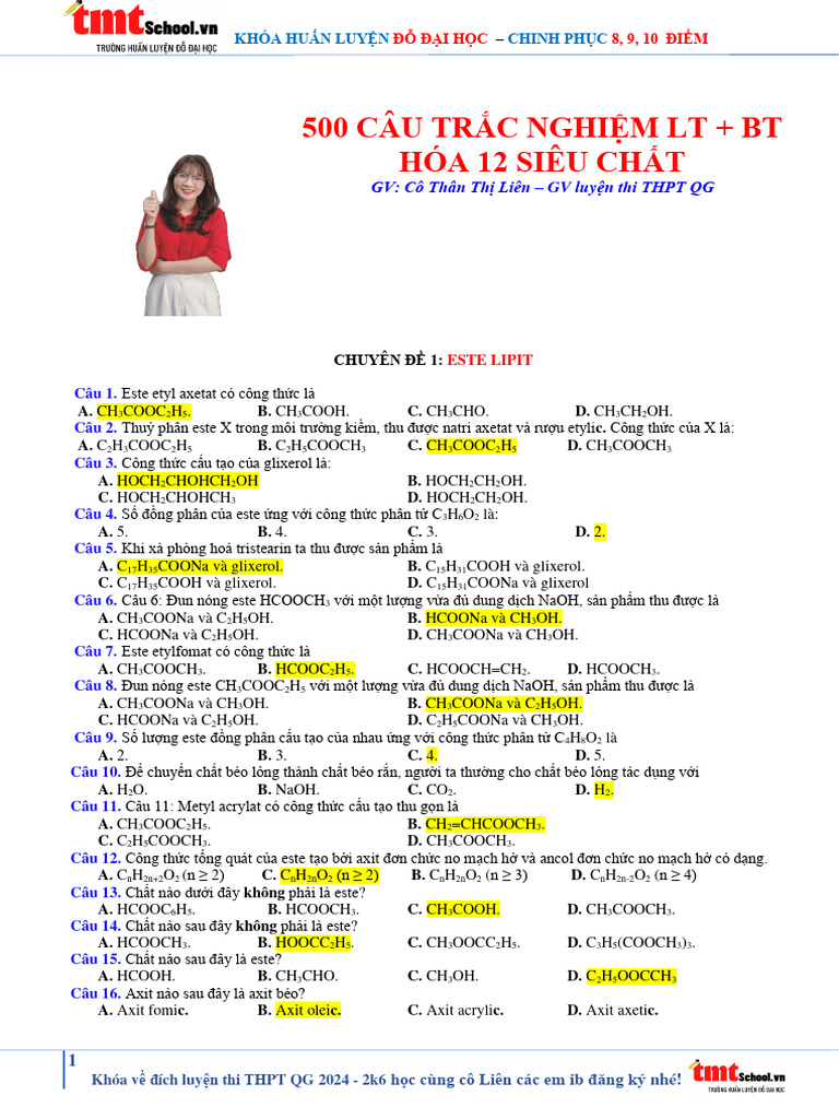 Đáp Án 500 Câu Hóa Ôn Thi THPT QG 2024 | PDF