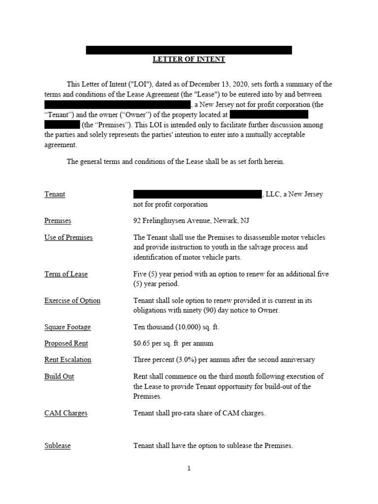LETTER OF INTENT LEASE Redacted | Download Free PDF | Lease | Leasehold ...
