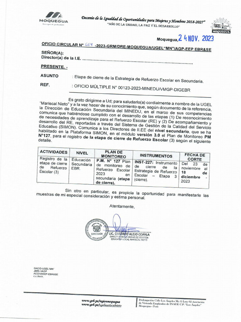 Oficio N 667 2023 Etapa de Cierre de La Estrategia de Refuerzo Escolar en Secundaria Protocolo y ...