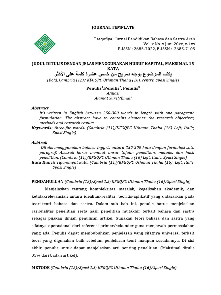Tsaqofiya Journal Template | PDF | Seni & Disiplin Bahasa | Kajian Bahasa Asing