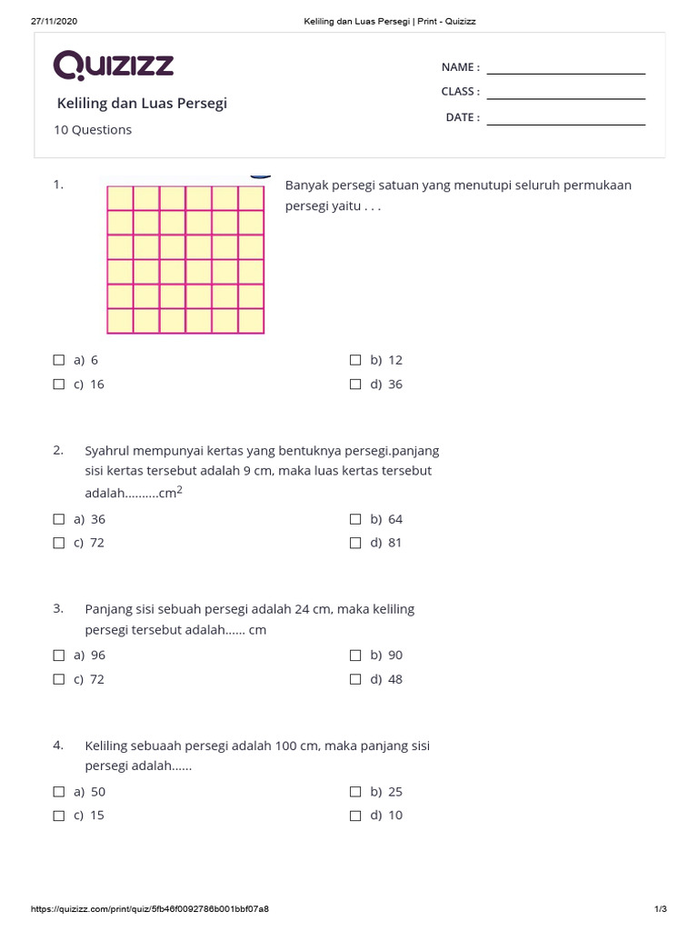 Keliling Dan Luas Persegi - Print - Quizizz | PDF | Seni | Teknologi & Rekayasa