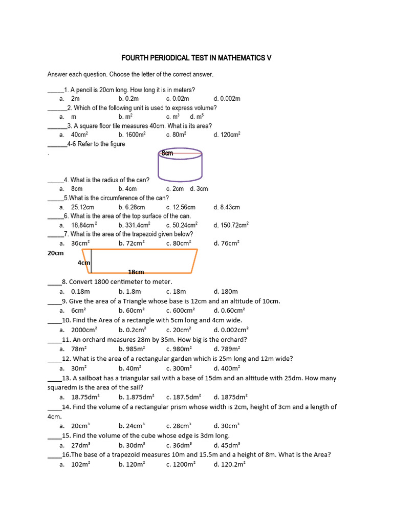 PT - Mathematics 5 - Q4 V1 | PDF | Teaching Methods & Materials ...