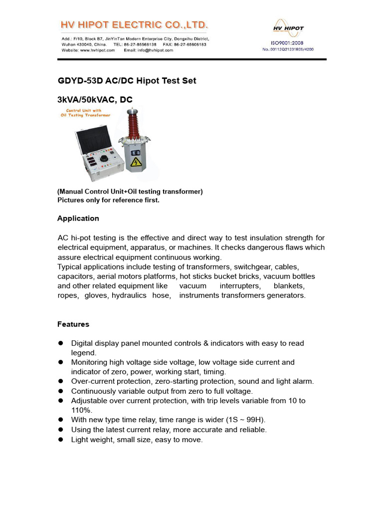 AC - DC Hipot Test Set 3kVA.50kVAC - DC | PDF | Transformer ...