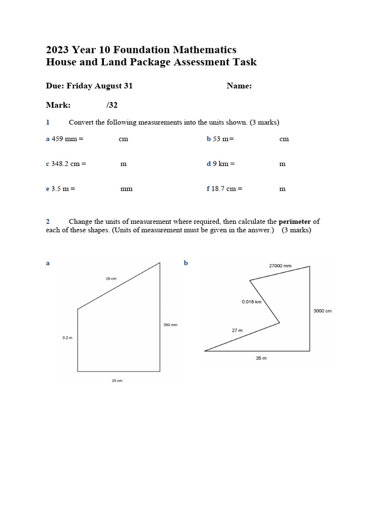 2023 Year 10 Foundation Mathematics House and Land Package Assessment Task (1) | PDF | Area ...