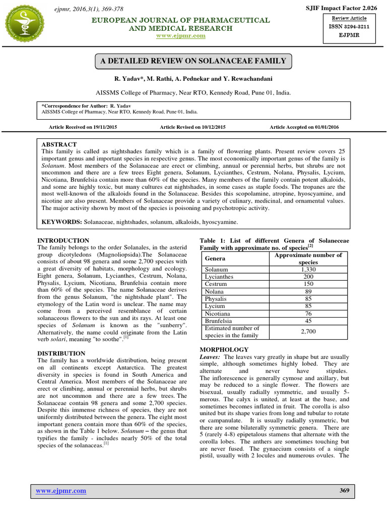 A Detailed Review On Solanaceae Family | PDF