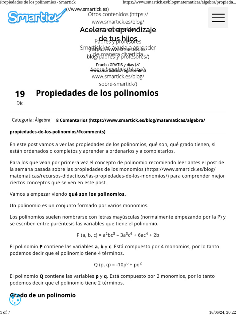 Propiedades de Los Polinomios - Smartick | PDF | Polinomio | Ciencia ...