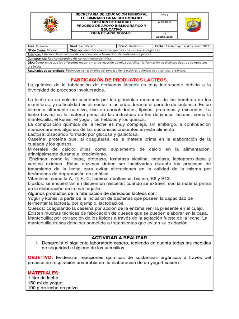 Guia 7 Quimica 11 | PDF | Leche | Yogur
