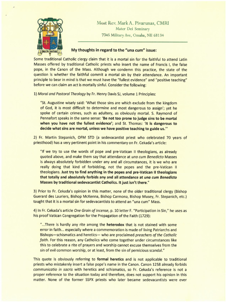 Thoughts On The Una Cum Issue by Bp. Pivarunas CMRI | PDF