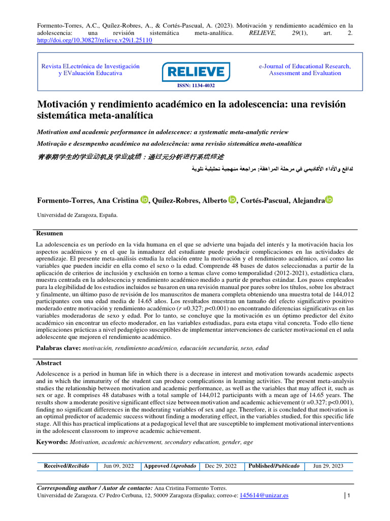 Motivación y Rendimiento Académico en La Adolescencia Una Revisión Sistemática Meta-Analítica | PDF