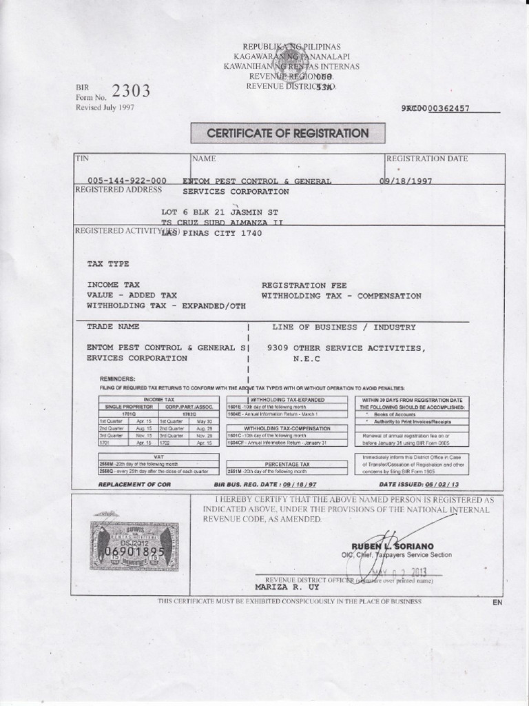 BIR Certificate of Registration Sample | PDF | Money | Economies