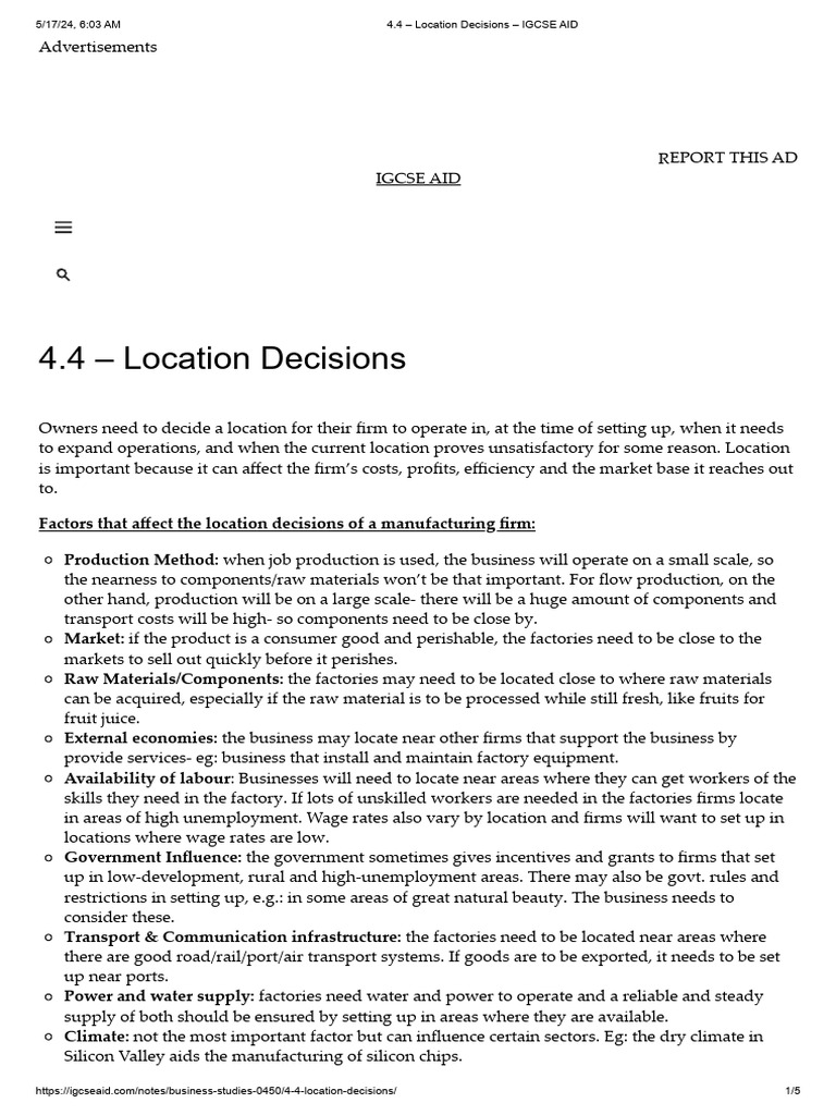 Location Decisions Guide for IGCSE | PDF | Retail | Labour Economics