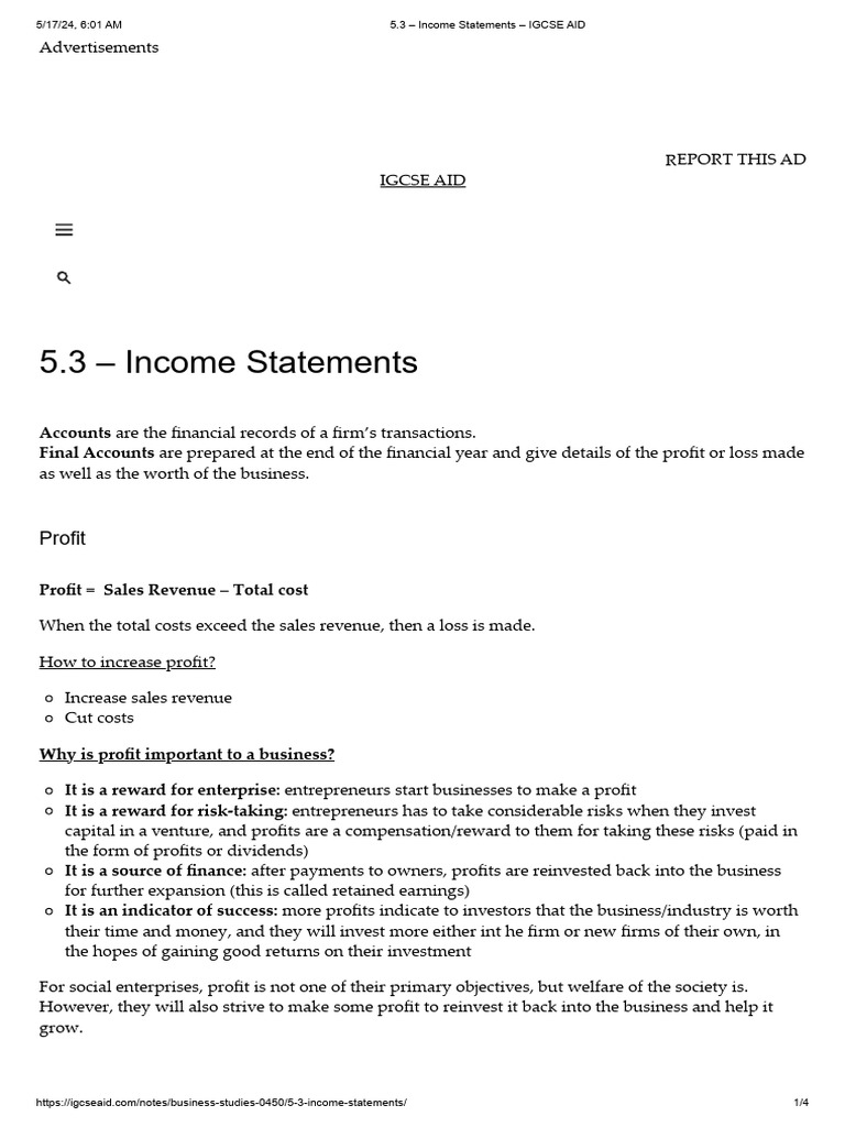 5.3 - Income Statements - IGCSE AID | PDF | Dividend | Net Income