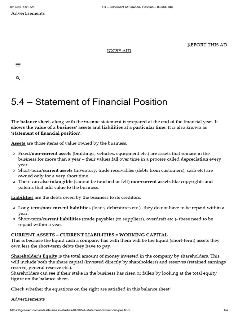 5.4 - Statement of Financial Position - IGCSE AID | PDF | Balance Sheet ...