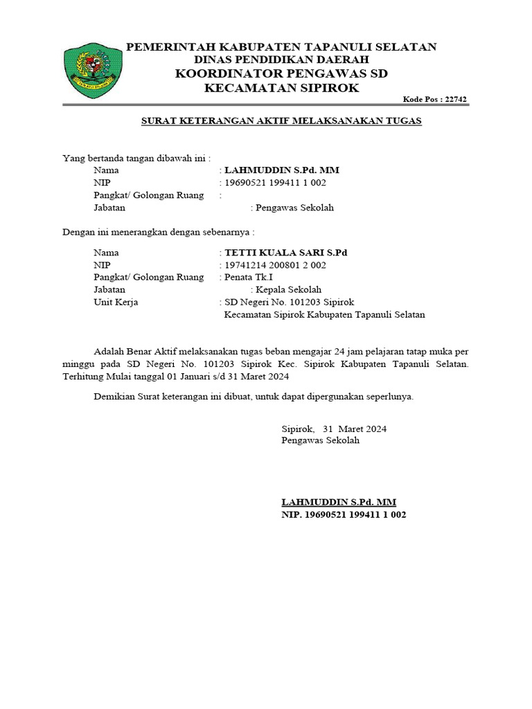 Surat Aktif Tugas Pns | PDF