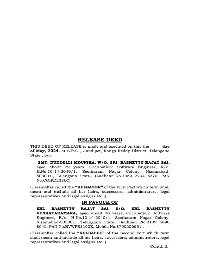 Release Deed for Property Ownership | PDF | Property | Mortgage Law