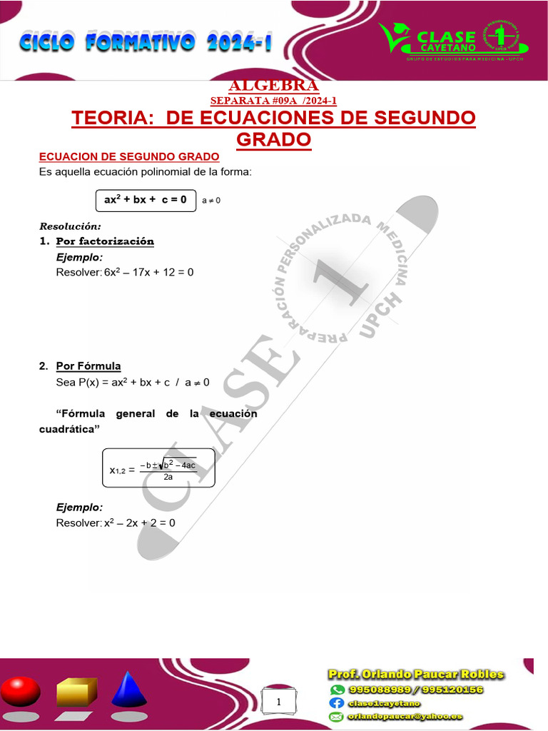 SEPARATA 09A TALLER 01A DE ECUACIONES DE SEGUNDO GRADO ALGEBRA 2024-1 ...