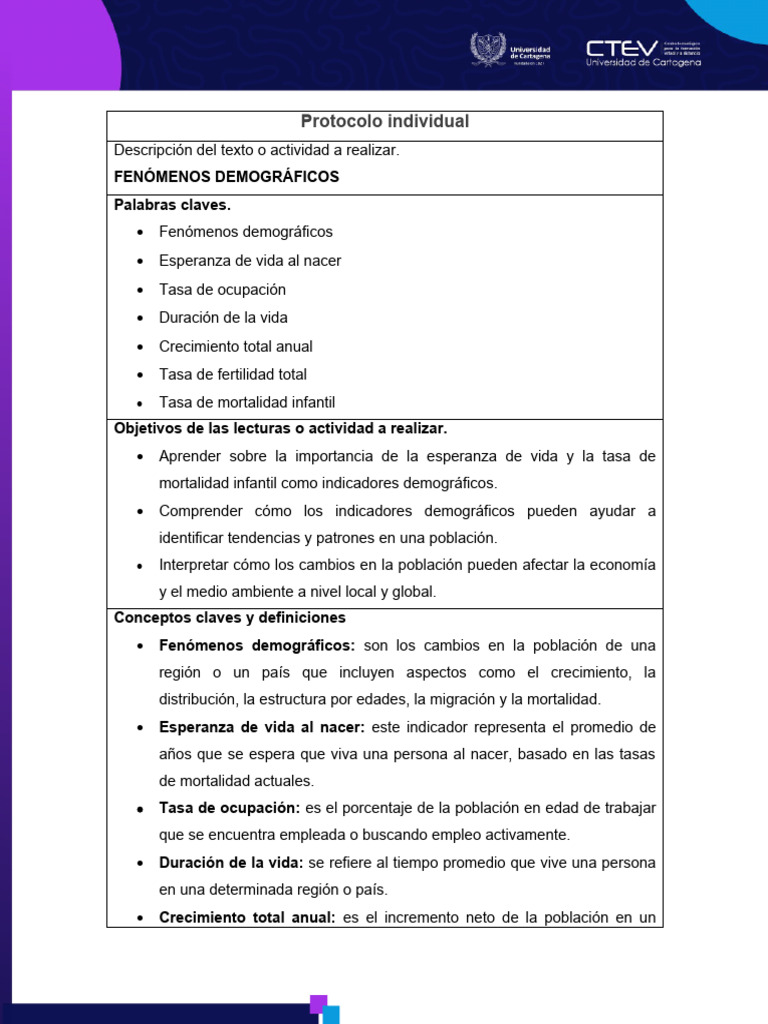 Protocolo Individual Demografía Unidad 4 | PDF | Población | Crecimiento de la población