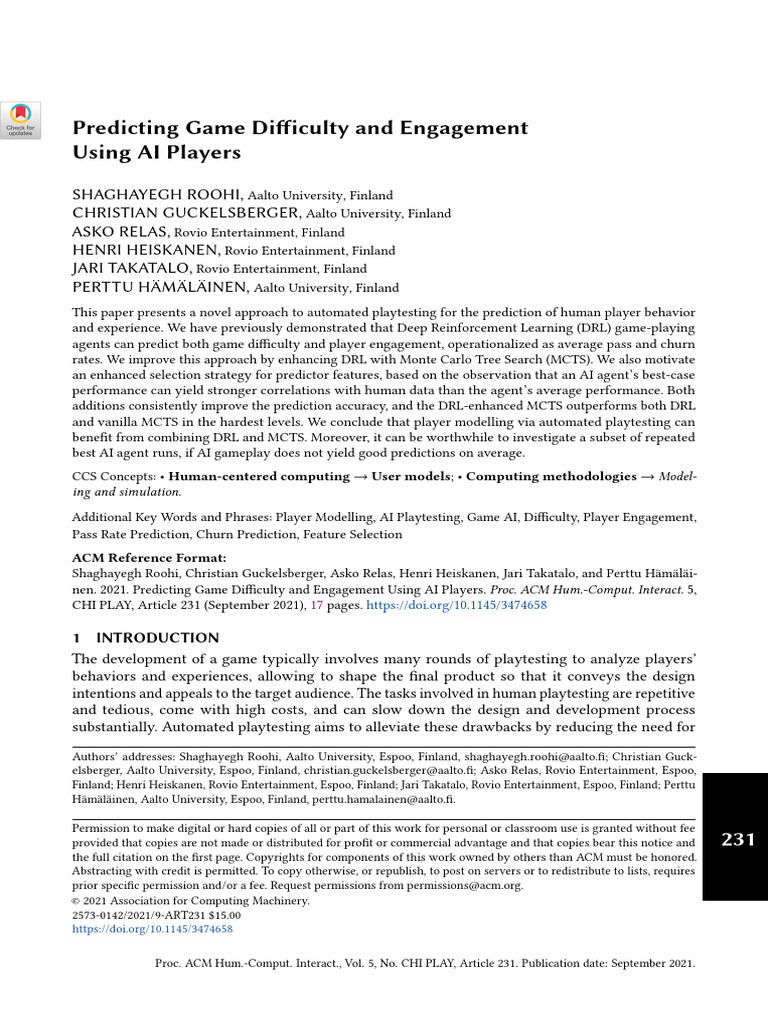 Predicting Game Difficulty and Engagement Using Ai Players | Download Free PDF | Artificial ...
