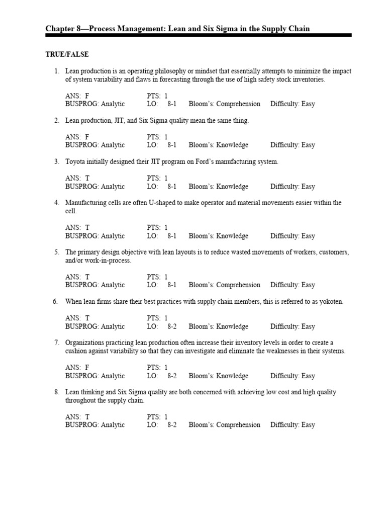 5e Chapter 8 Test Questions | PDF | Lean Manufacturing | Six Sigma