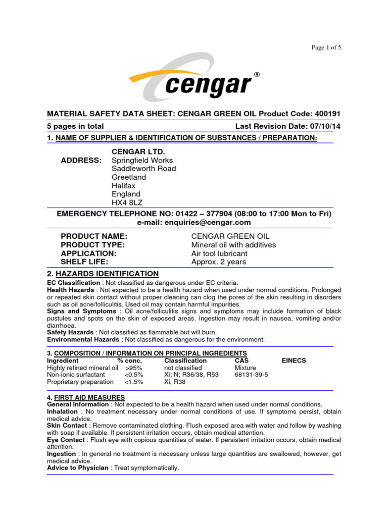 55 Green Oil Coshh Sheet Oct 2014 | PDF | Dangerous Goods | Toxicity