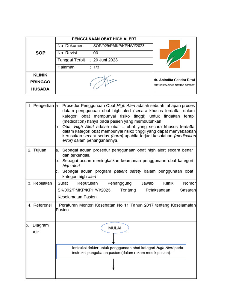 Sop Penggunaan Obat High Alert KPH | PDF