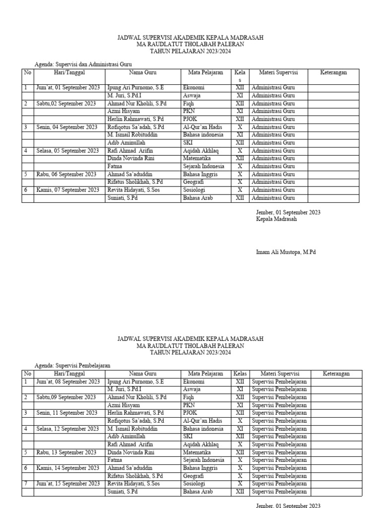 Jadwal Supervisi Akademik 2023/2024 | PDF
