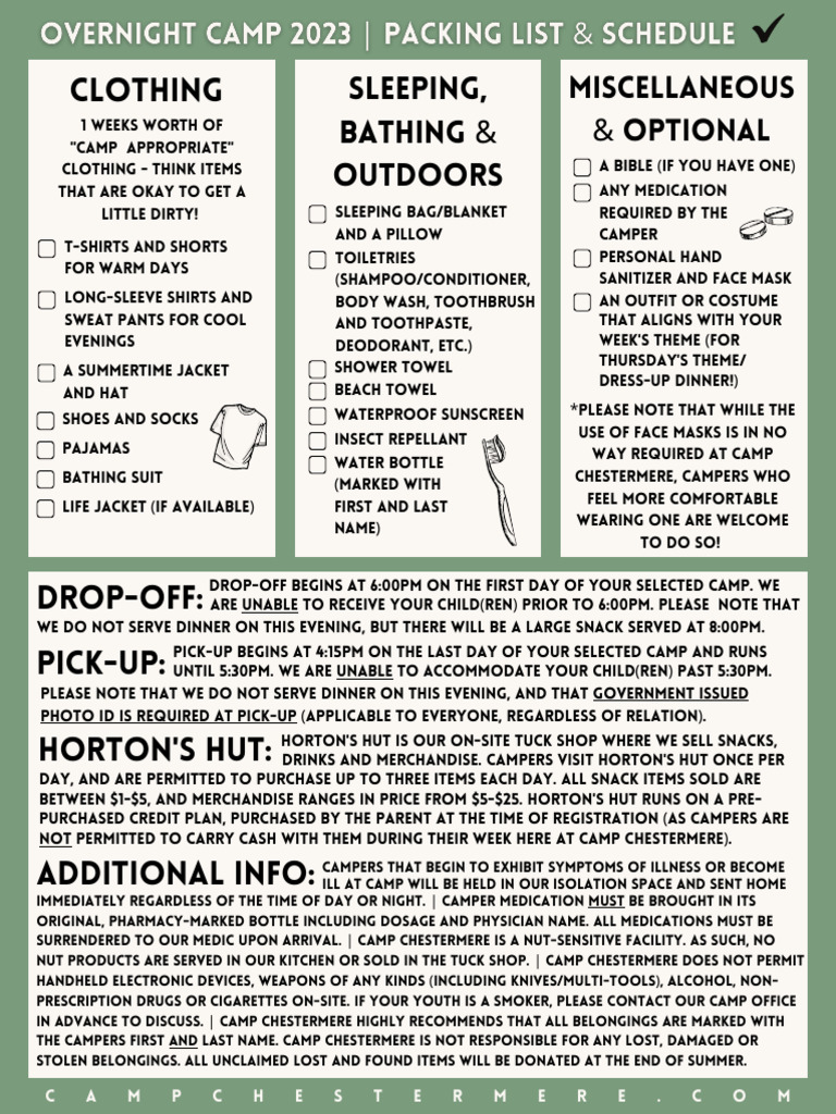 Camp Chestermere Overnight Checklist | PDF | Clothing