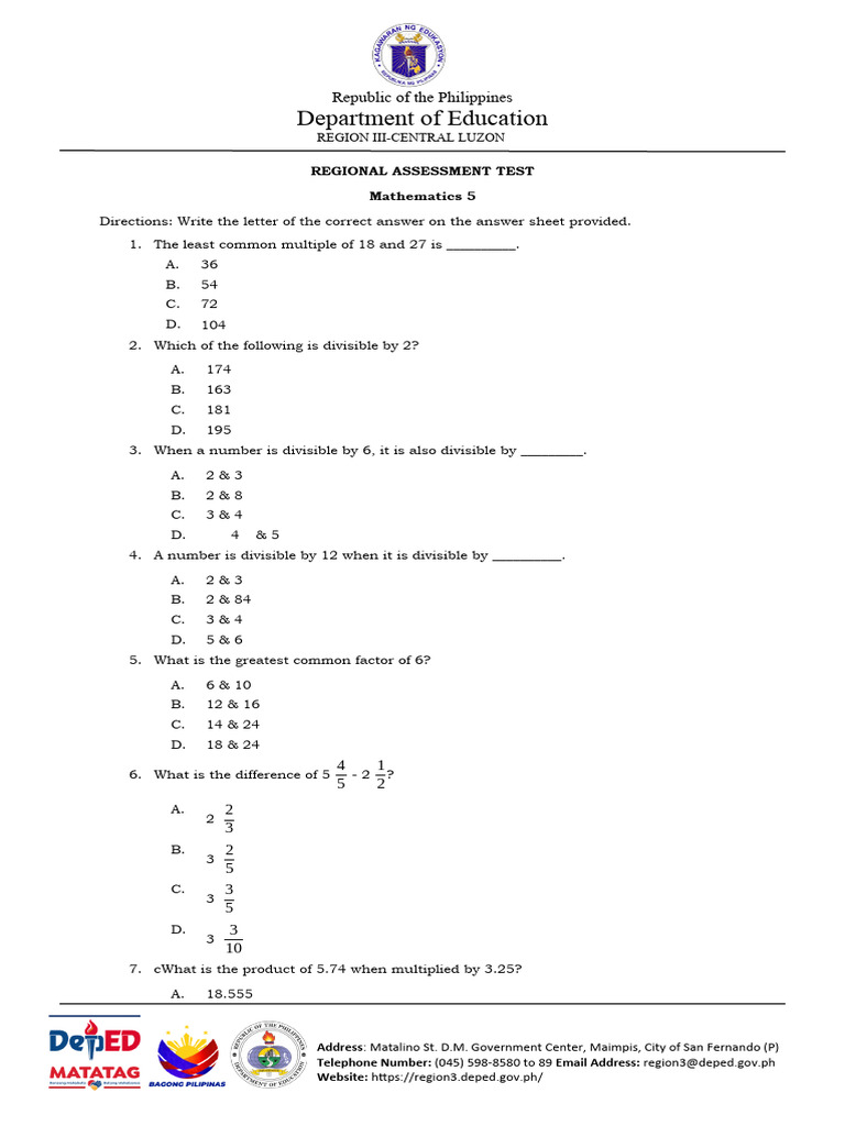 RAT Mathematics Grade 5 FINAL Edited | PDF | Teaching Methods & Materials