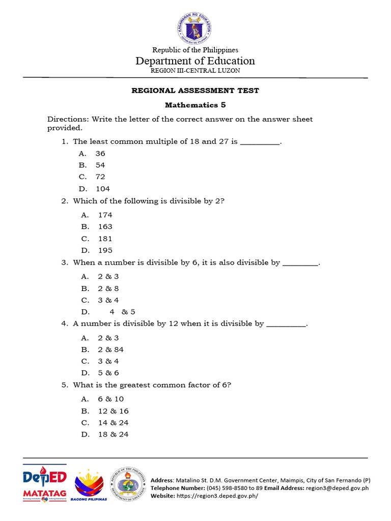 RAT Mathematics Grade 5 FINAL Edited | PDF | Temperature