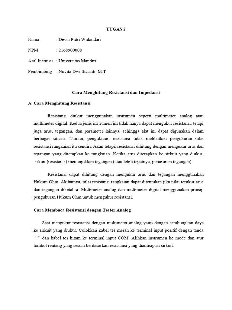 Tugas 2, Cara Menghitung Resistansi Dan Impedansi | PDF Tugas 2, Cara Menghitung Resistansi Dan Impedansi | PDF