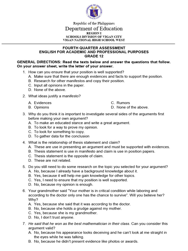 PRINT EAPP-4th-quarter-exam | PDF | Survey Methodology | Questionnaire