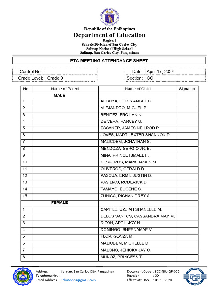 Grade 9 PTA Attendance List 2024 | PDF