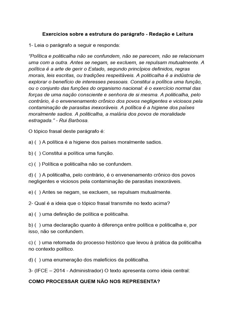 Exercícios Sobre A Estrutura Do Parágrafo - Redação e Leitura ...