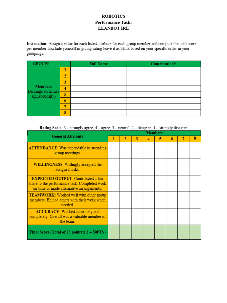 Rubric and Peer Eval Leanbot IRL | PDF