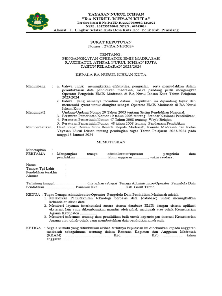 Contoh SK Operator Ra1 | PDF