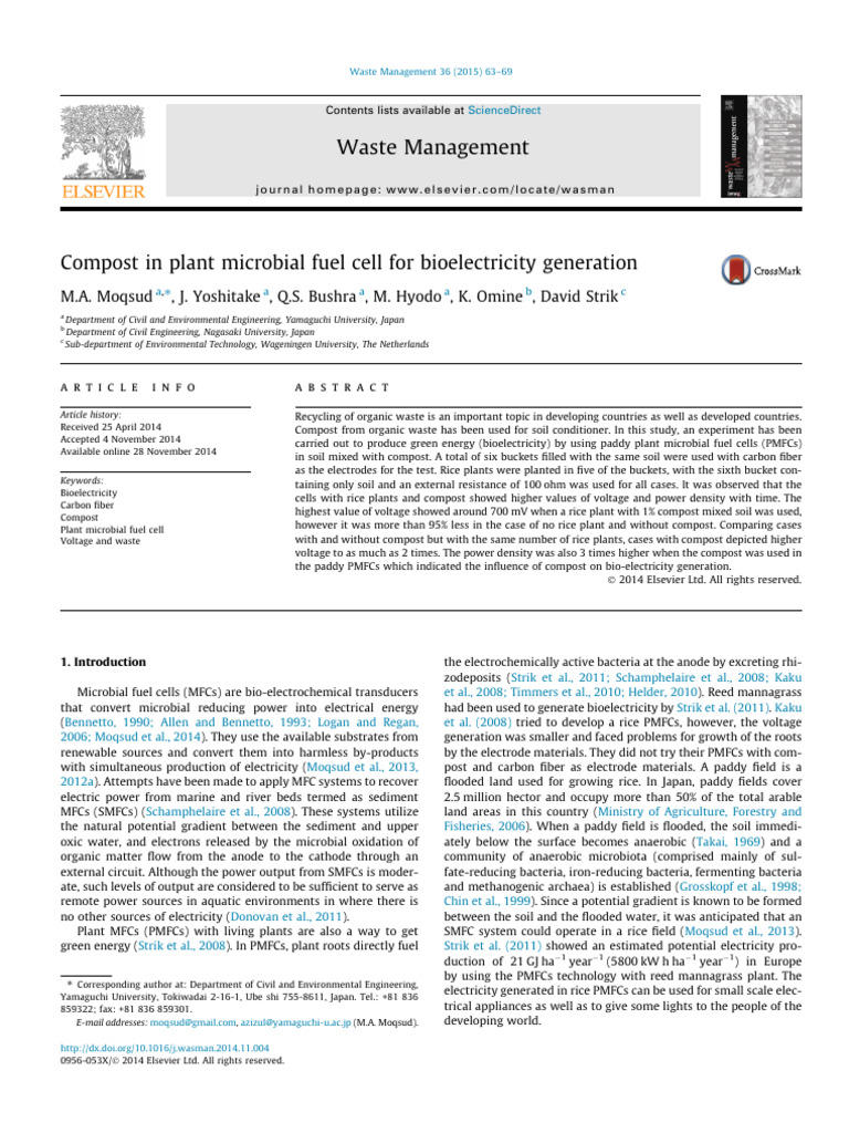 Compost in Plant Microbial Fuel Cell For Bioelectricity Generation | PDF | Soil | Incineration