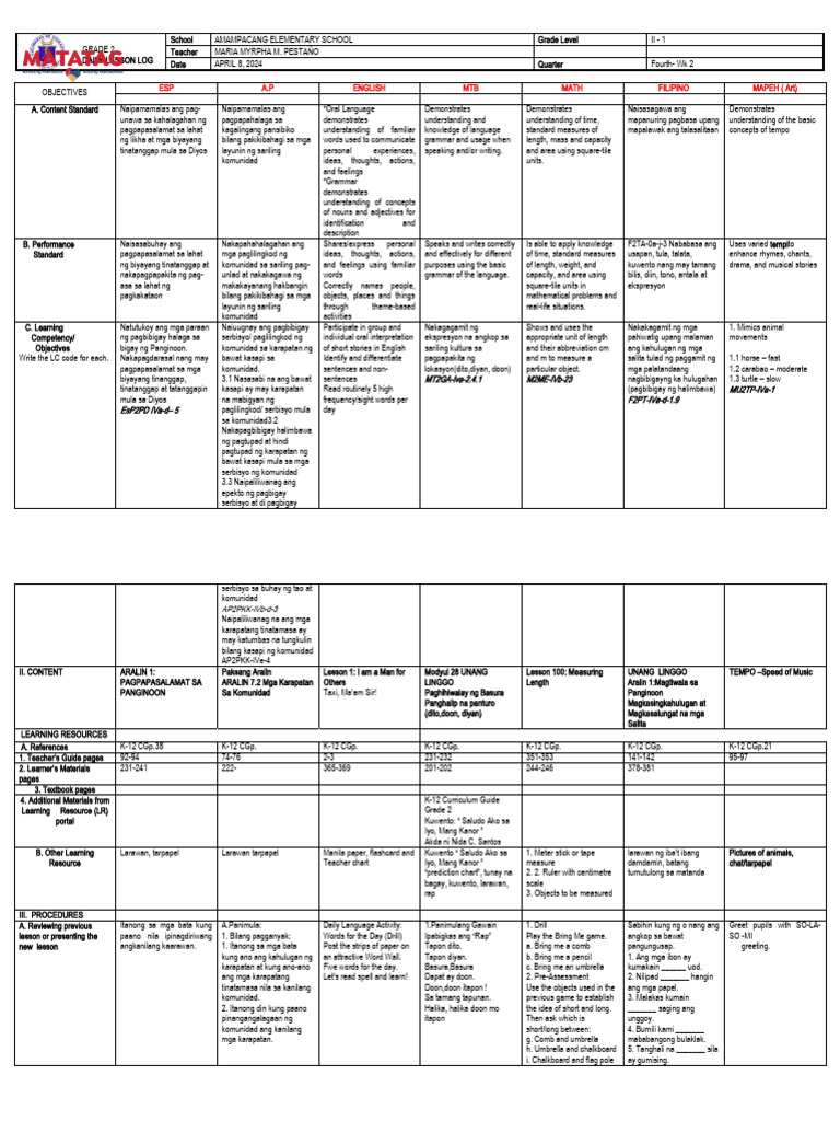 Grade 2 q4 Week 2 All Subjects DAY 1 | PDF