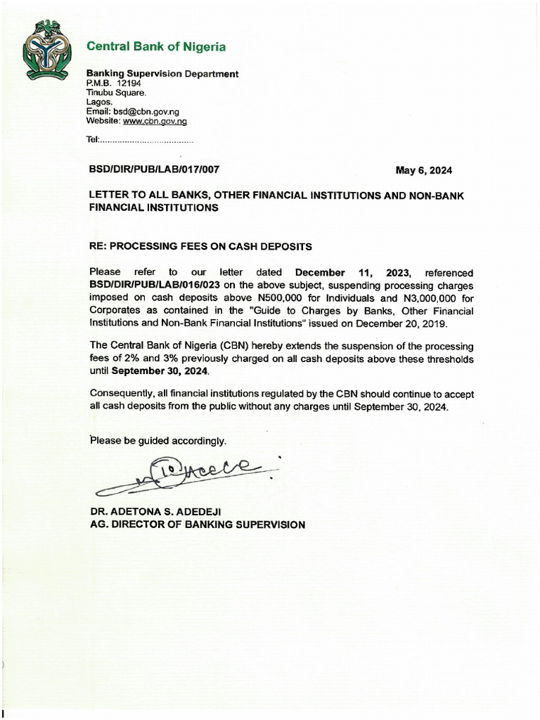 Processing Fees On Cash Deposits - May 2024 | PDF